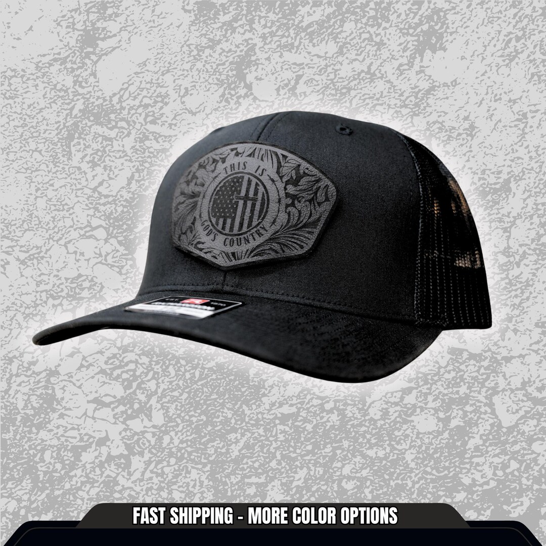 This is Gods Country Hat Blackout Trucker Hats Leather Patch Hats Leatherette Patches Black Hats ...