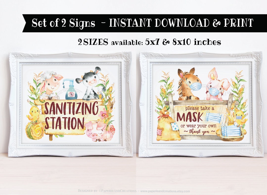 Set of 2, Farm Animals Wear a Mask Sign, Sanitizing Station Birthday ...