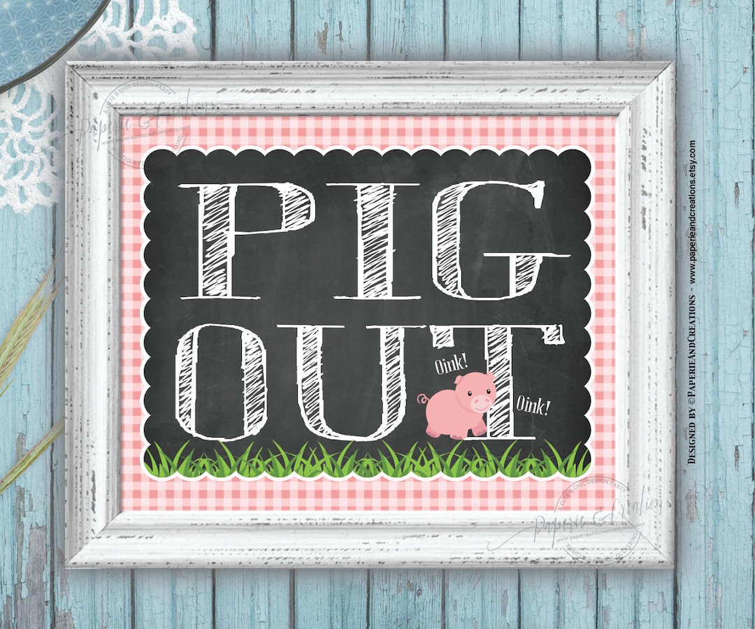 Pig Out Sign - Farm Animals Theme Birthday Party Signs - Pink Gingham ...