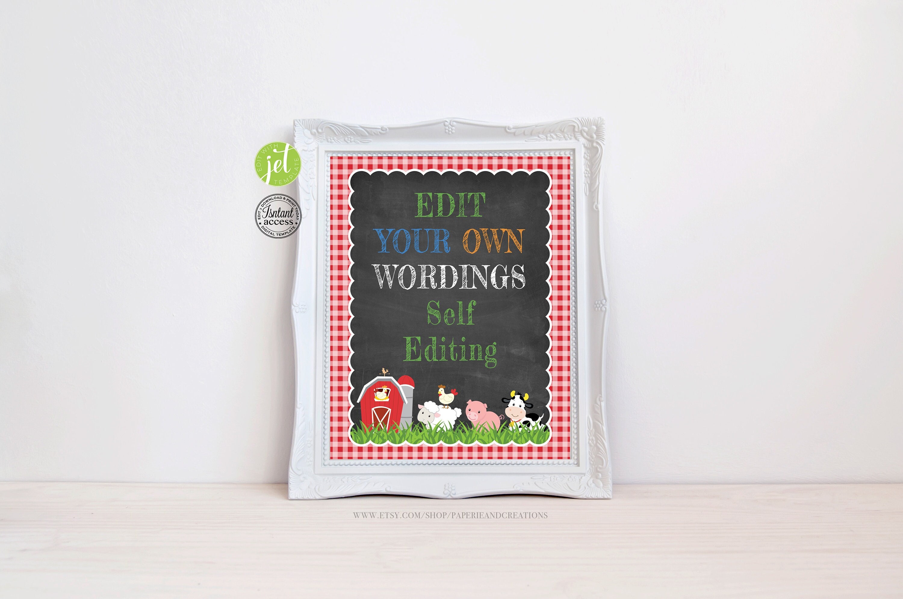 Editable Animal Farm Party Sign: Red Gingham Chalkboard (jettemplate ...
