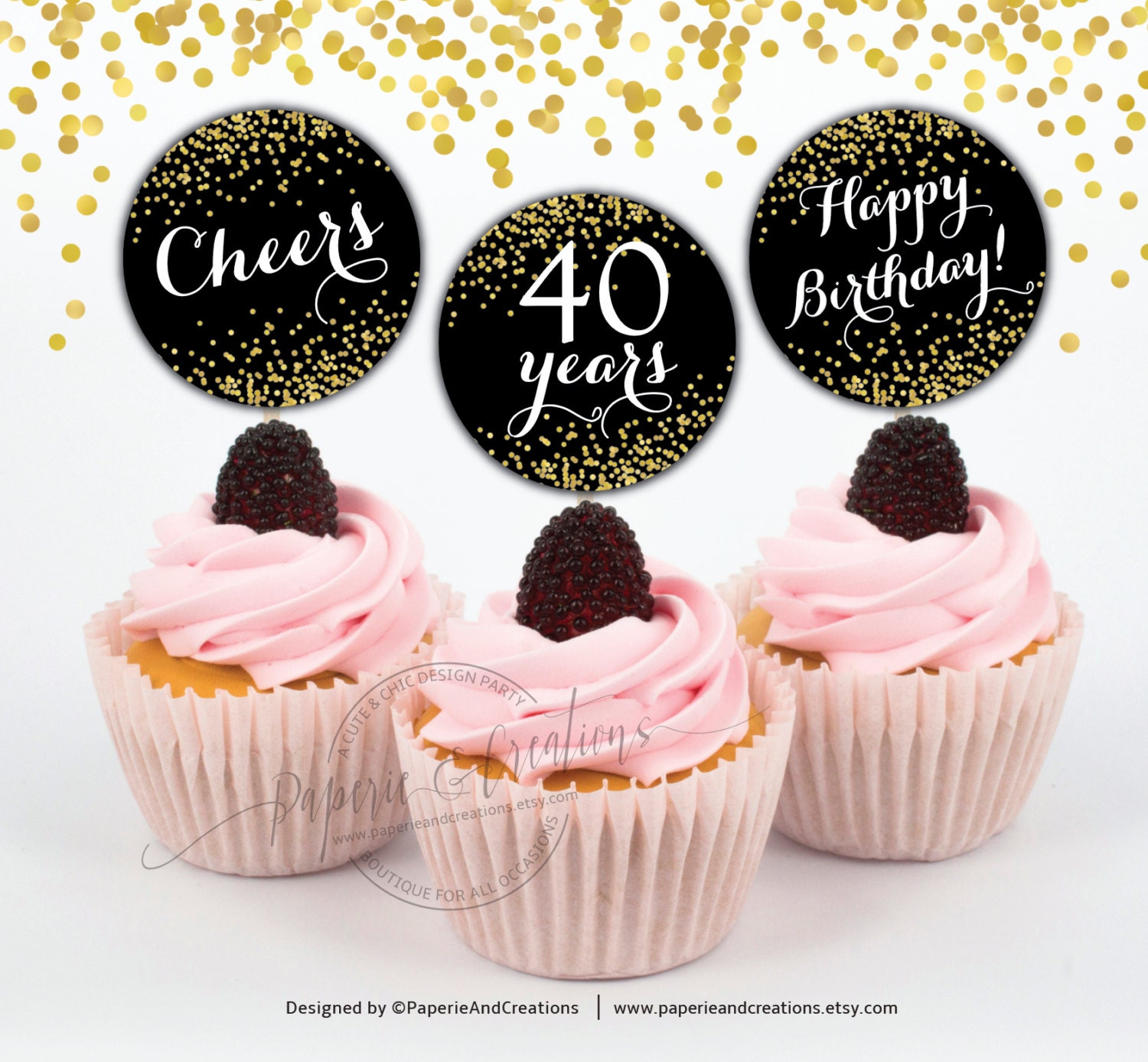 Cupcake Toppers 40th Birthday - Cheers to 40 Years - Gold and Black ...