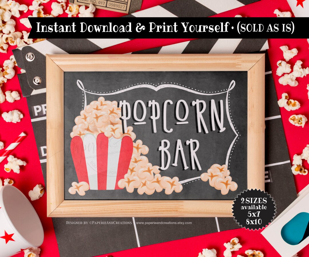 Popcorn Bar Sign, Cinema Party Signs, Snack Food Bar Birthday Party ...