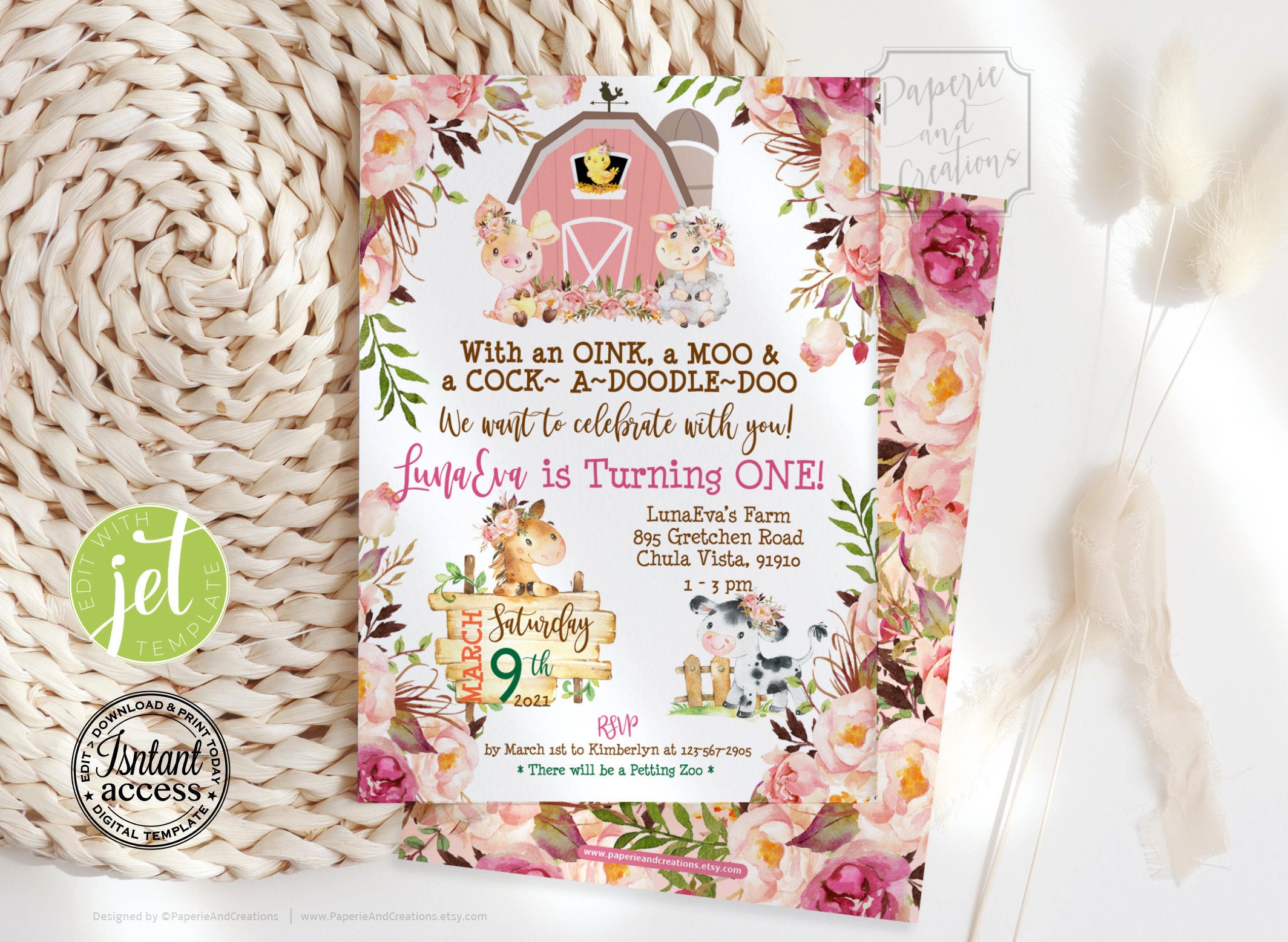 First Birthday Farm Invitation Pink Girl Barnyard Floral - Etsy