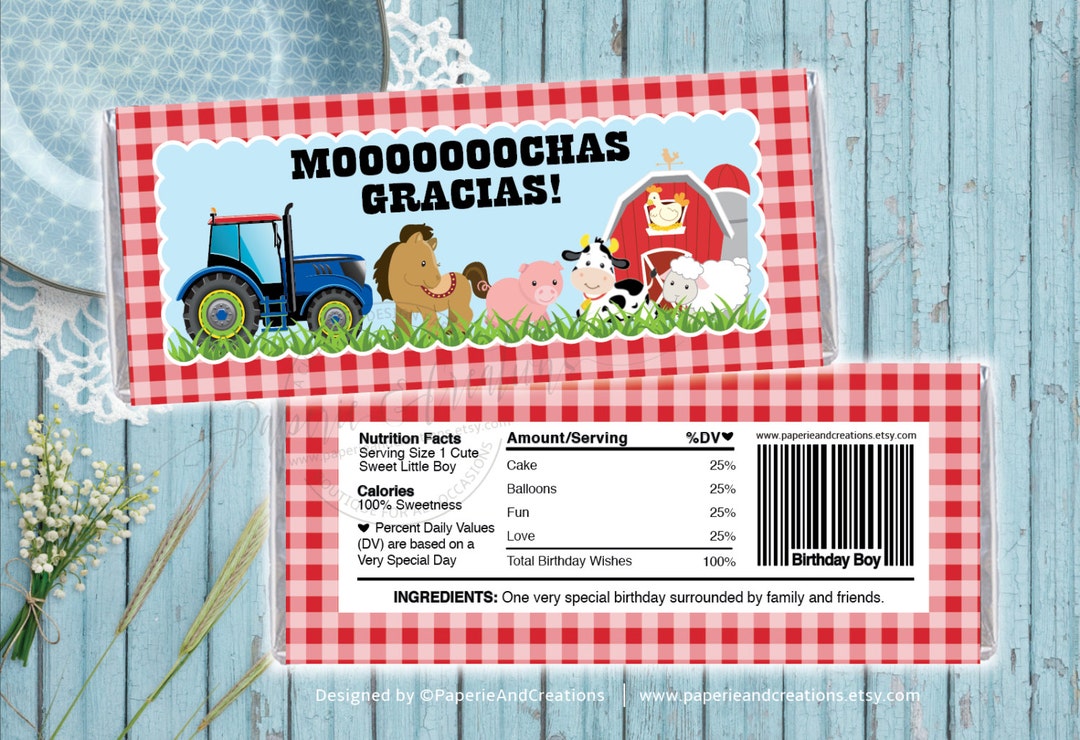 Farm Animals Barnyard Chocolate Wrappers BOY MOOOCHAS GRACIAS thank You ...