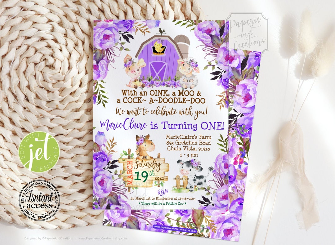 First Birthday Farm Invitation Girl: Purple Floral Barnyard (editable ...