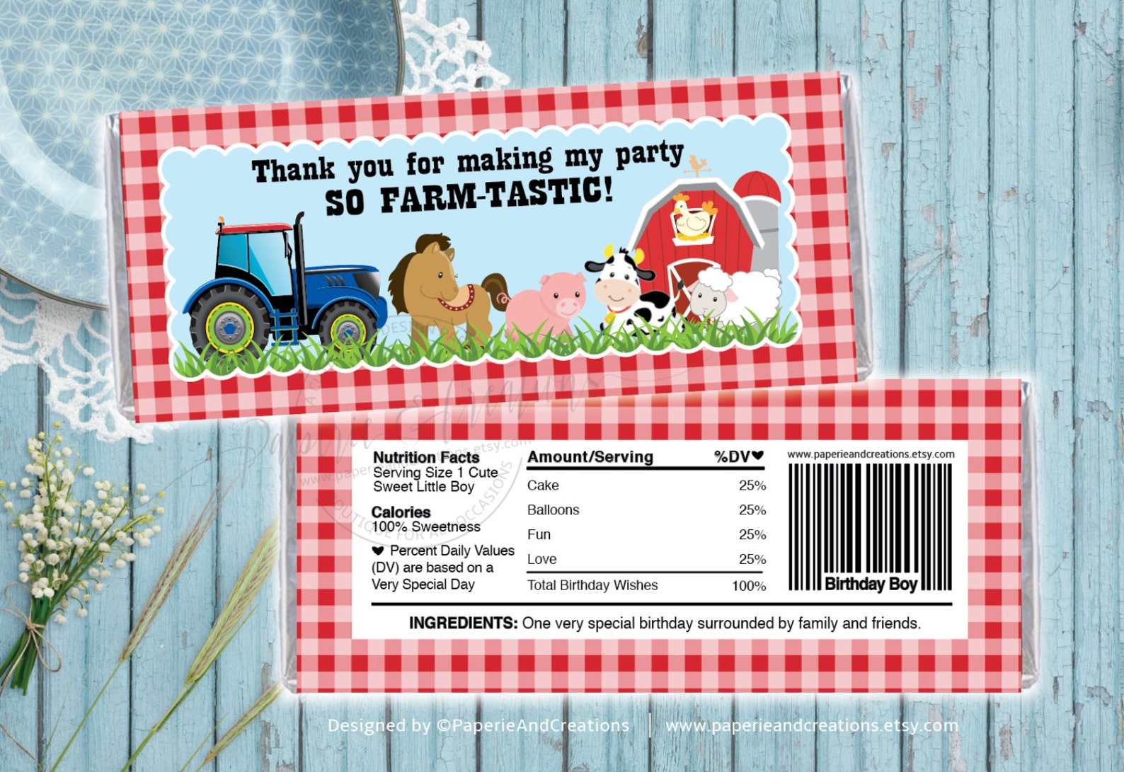 Farm Animals Candy Wrapper Birthday Favor Chocolate Wrappers BOY ...