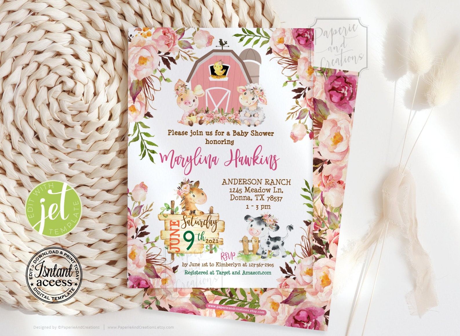 Baby Shower Farm Invitation Baby Girl Pink Barnyard Floral - Etsy