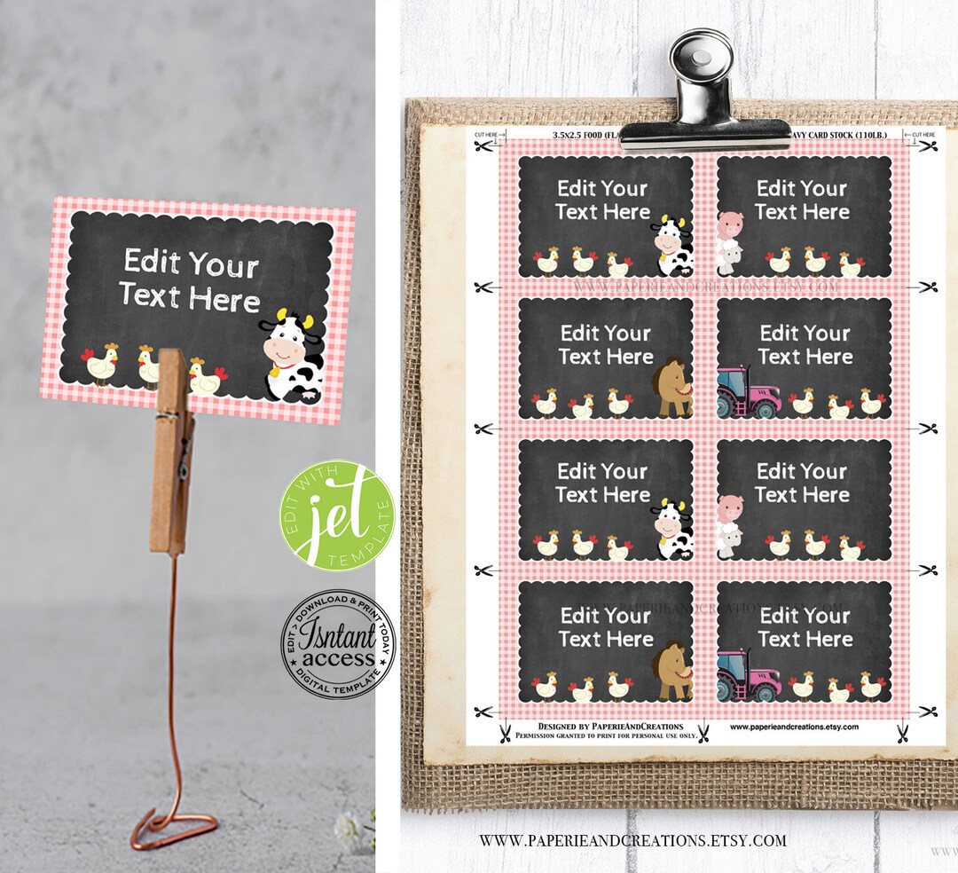 Editable Pink Gingham Farm Food FLAT Cards, Farm Food Signs, Pink ...