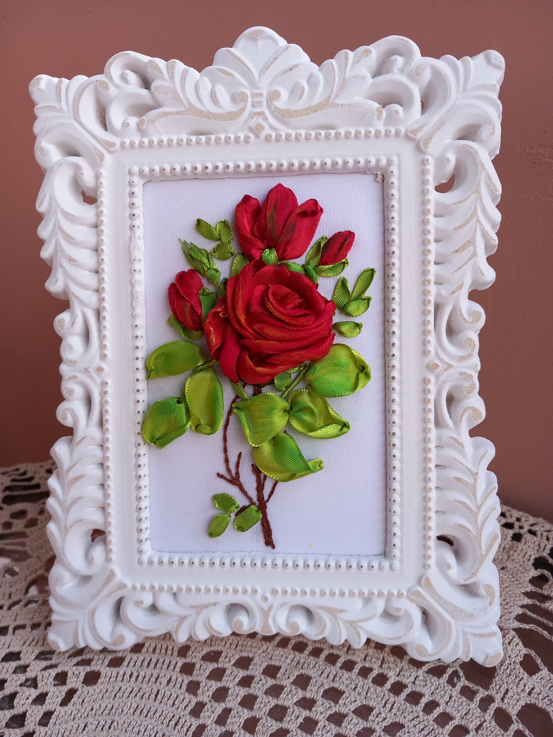 Red Roses Embroidered With Ribbons Home Decor Gift for Mom - Etsy