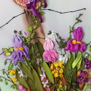 Ribbon Embroidered Irises, Field Flowers, Wall Decor, Home Decor ...