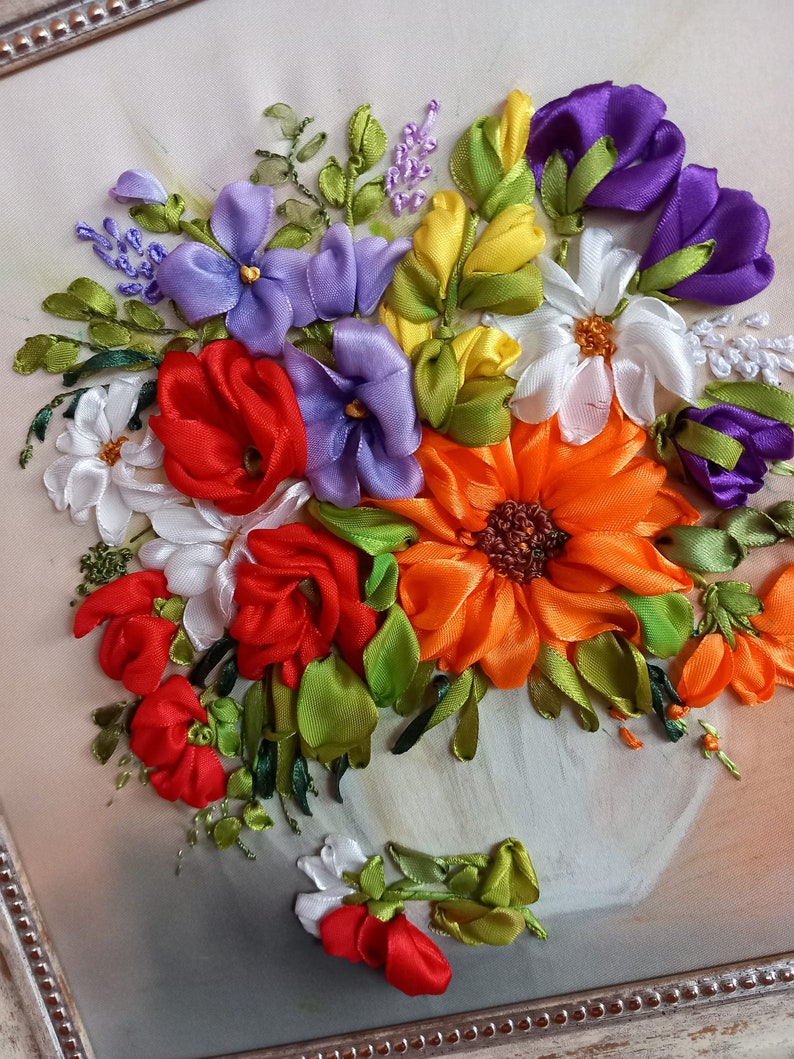 Vase With Flowers /ribbon Art /ribbon Embroidery /wall Decor /home ...
