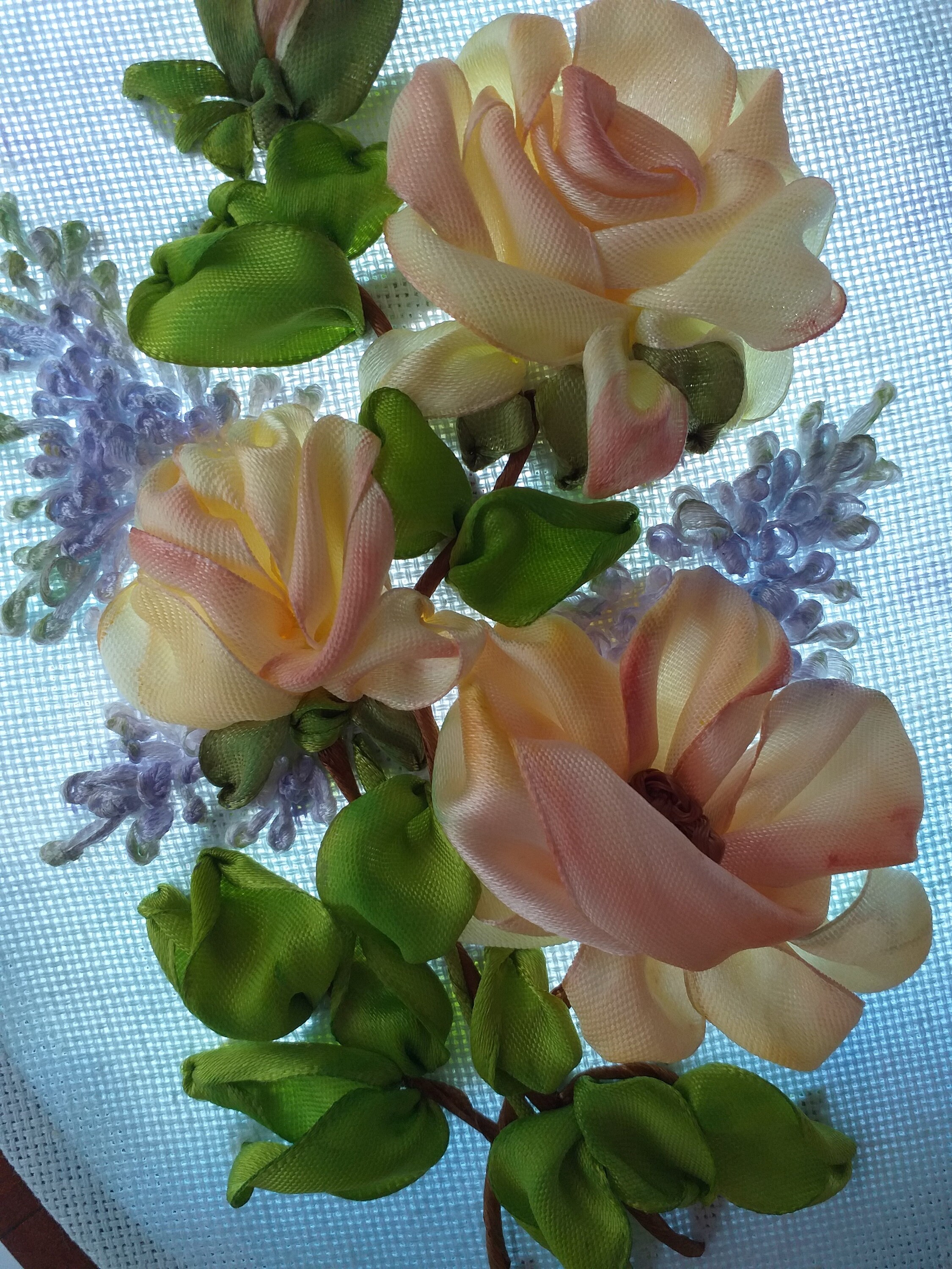 Ribbon Embroidered Roses and Lilacs /ribbon Art /wall Decor /bouquet of ...