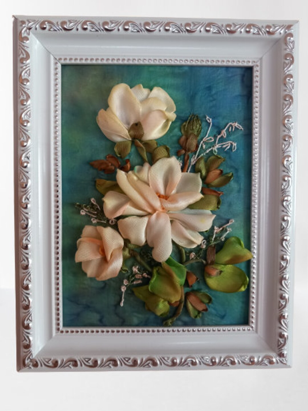 Embroidered Picture /white Roses /ribbon Embroidery /wall Art /home ...