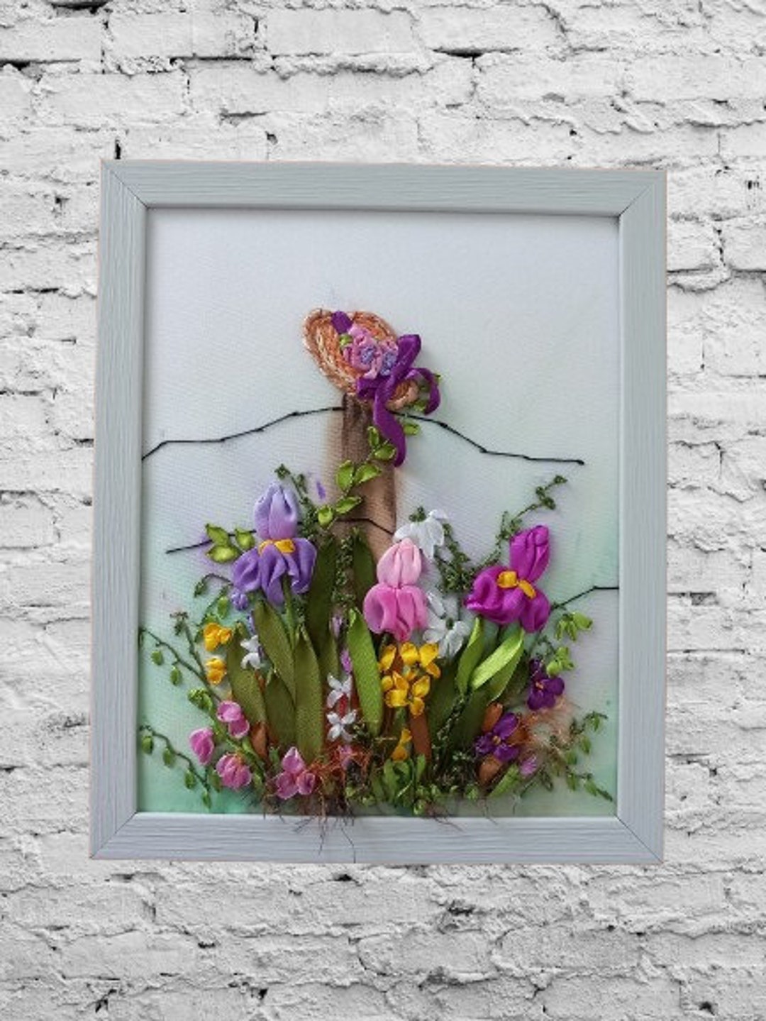 Ribbon Embroidered Irises, Field Flowers, Wall Decor, Home Decor ...