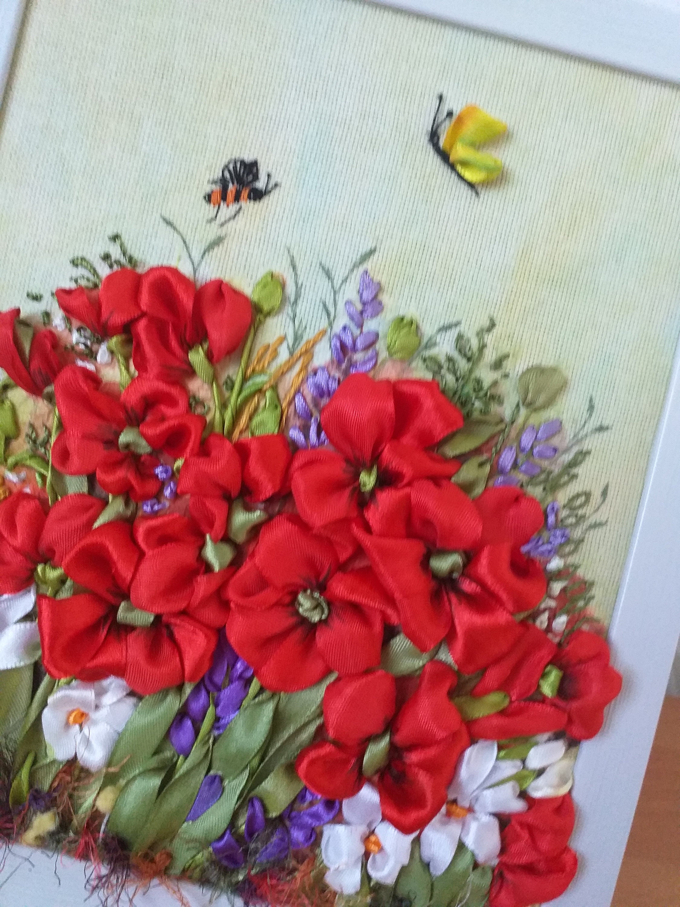 Red Poppies /ribbon Embroidery /ribbon Art /wall Decor Home Decor /gift ...