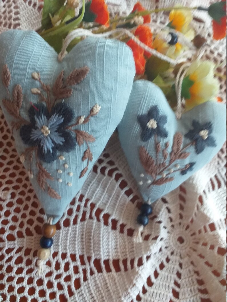Two Blue Hearts With Embroidery for Hanging /wall Decoration /home ...