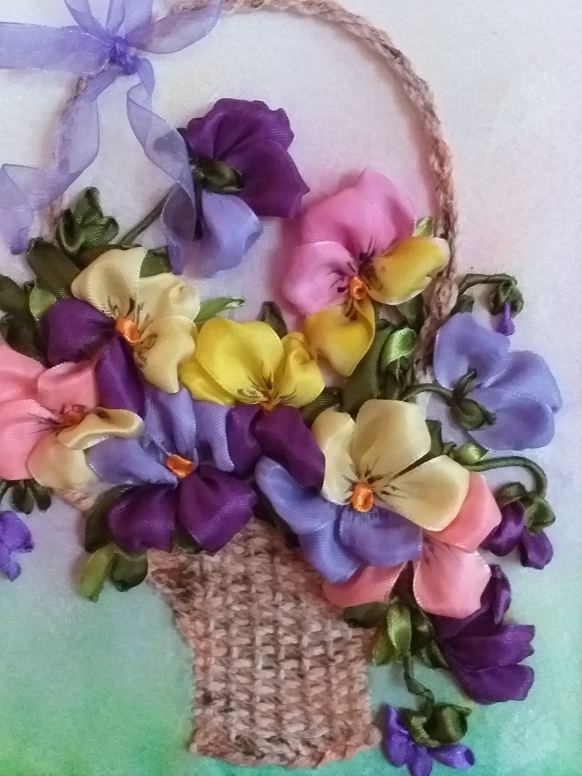 Basket With Pansies, Embroidered Picture, Multicolored Pansies, Wall ...