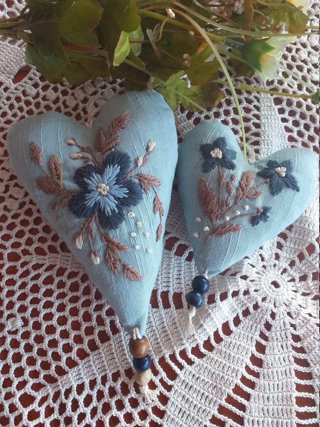 Two Blue Hearts With Embroidery for Hanging /wall Decoration /home ...