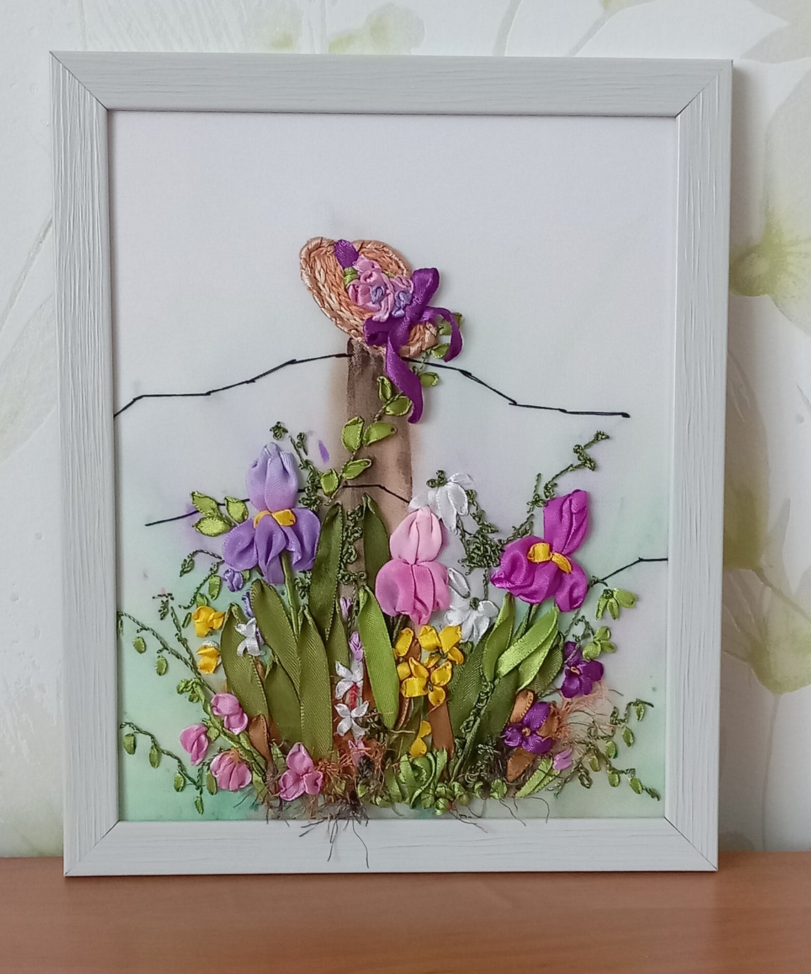 Ribbon Embroidered Irises, Field Flowers, Wall Decor, Home Decor ...