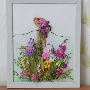 Ribbon Embroidered Irises, Field Flowers, Wall Decor, Home Decor ...