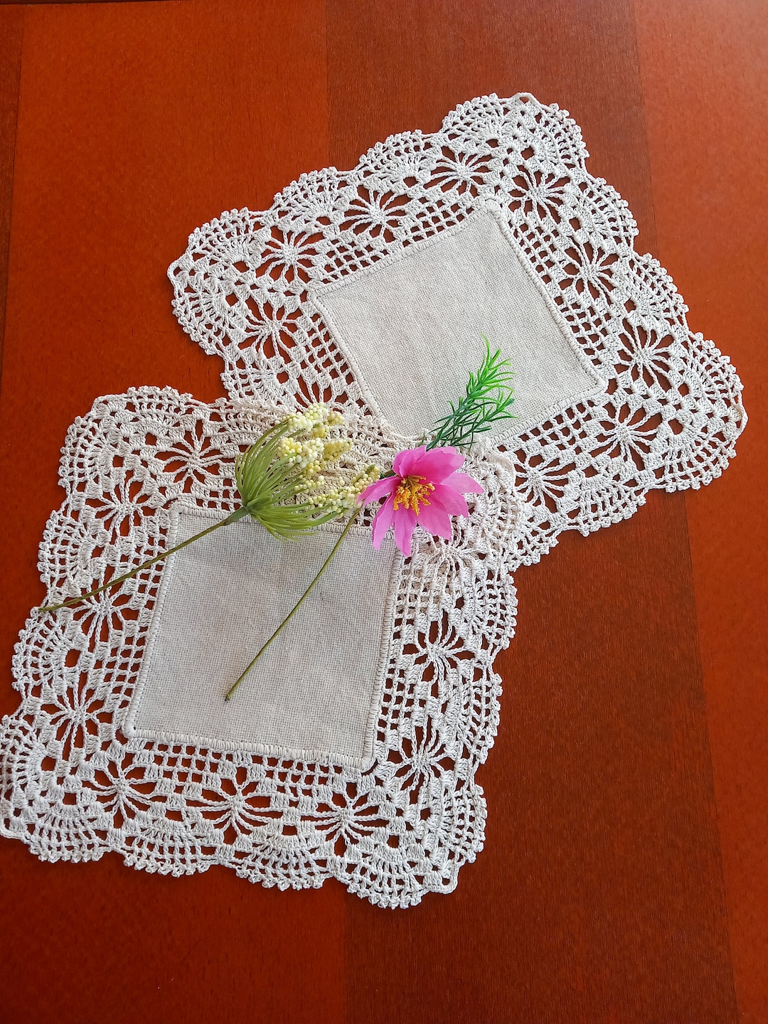 Set of Two Crochet Cotton Doilies, Square Doilies, Light Champagne ...