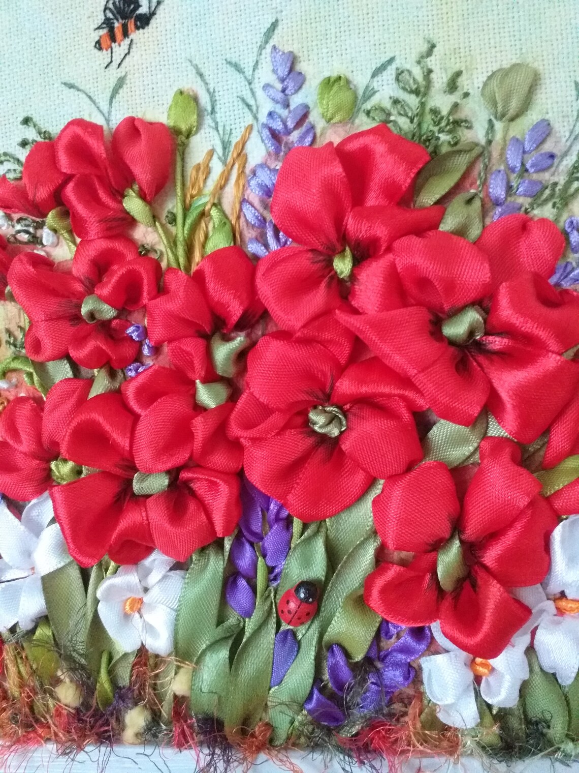 Red Poppies /ribbon Embroidery /ribbon Art /wall Decor Home Decor /gift ...