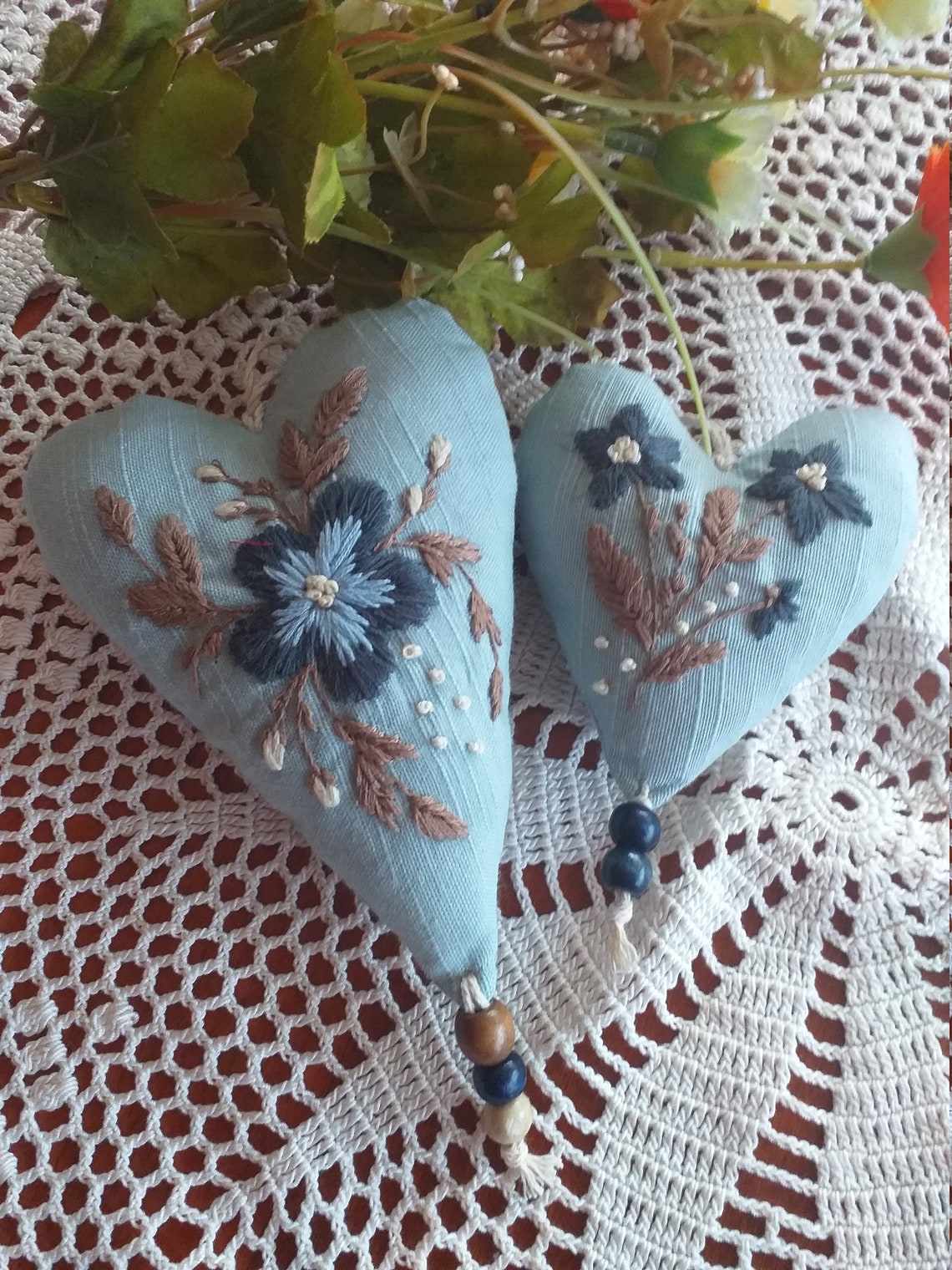 Two Blue Hearts With Embroidery for Hanging /wall Decoration /home ...