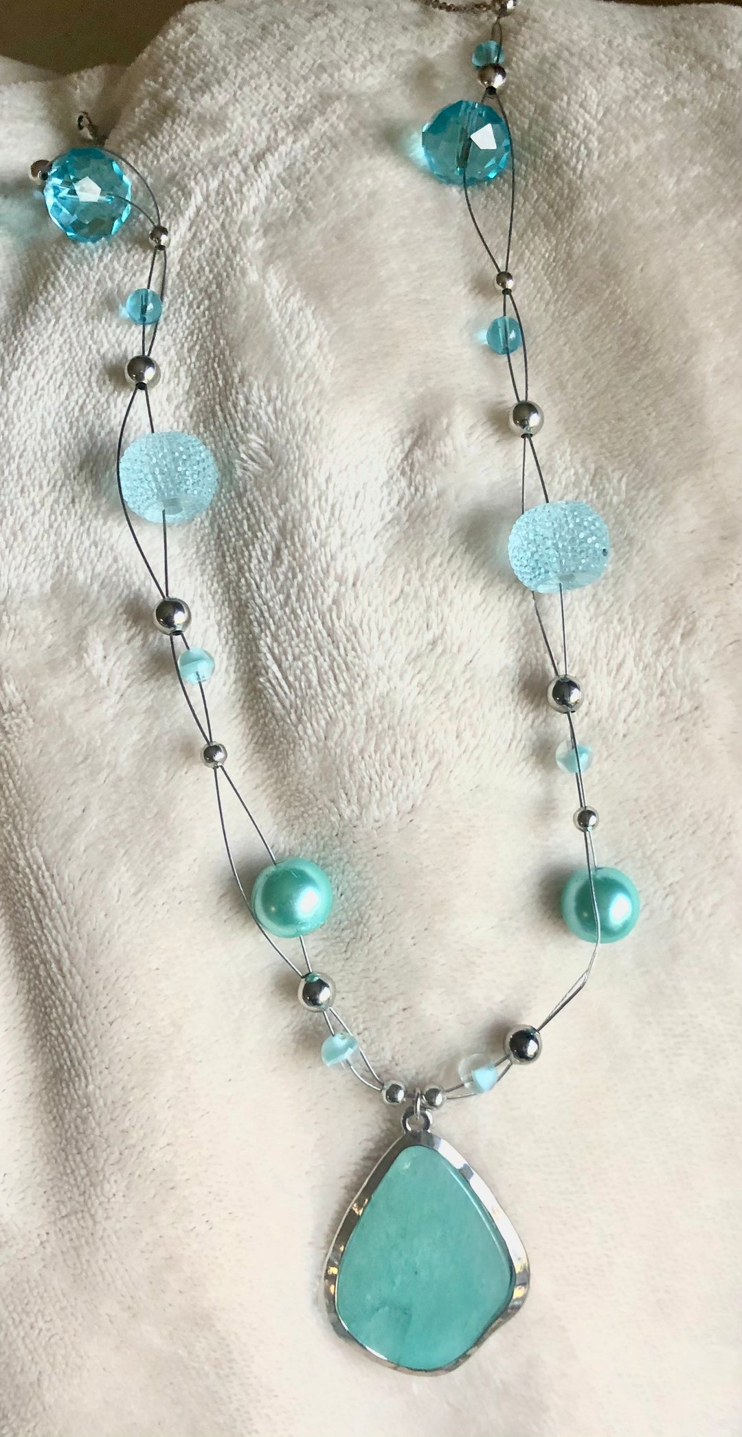 Double Strand Floating Glass, Silver Bead and Natural Stone Pendant ...