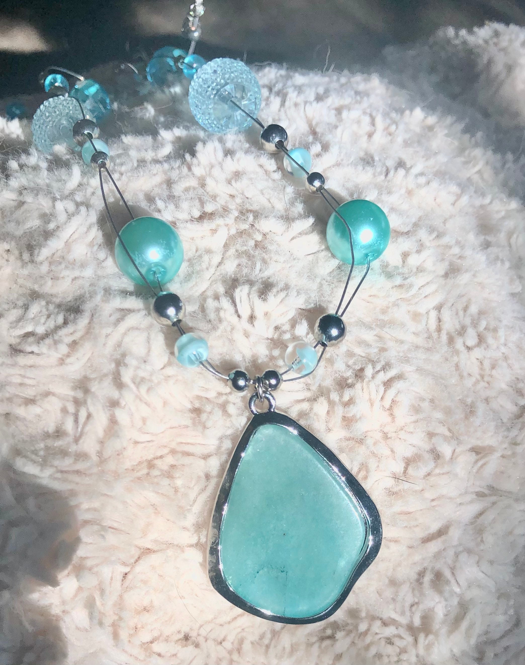 Double Strand Floating Glass, Silver Bead and Natural Stone Pendant ...