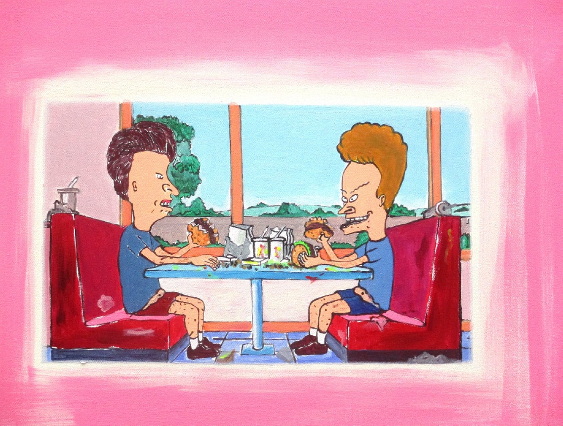 Popart Pink Painting With Beavis and Butthead, Large Original Square ...