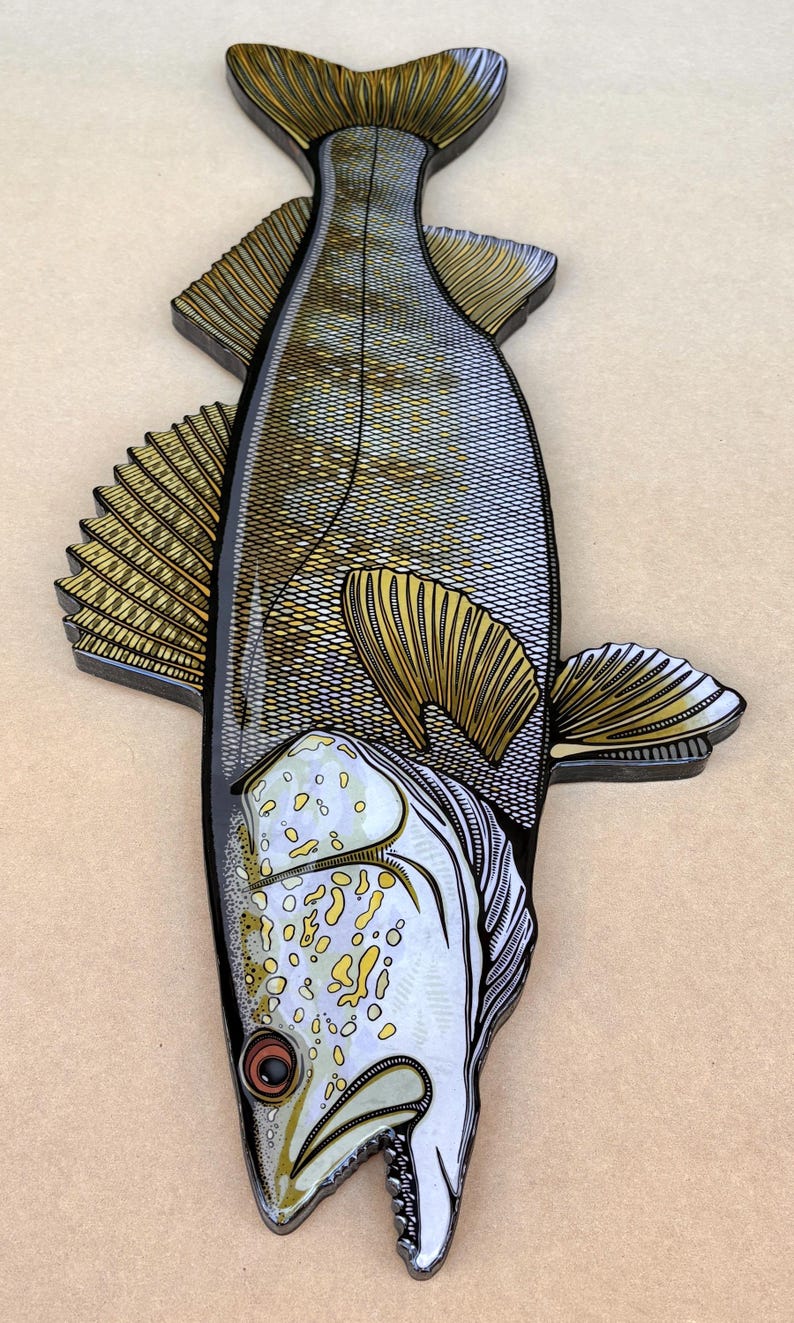 Walleye || Fish Print Mount Wall Art || Hand Drawn Lodge and Cabin ...