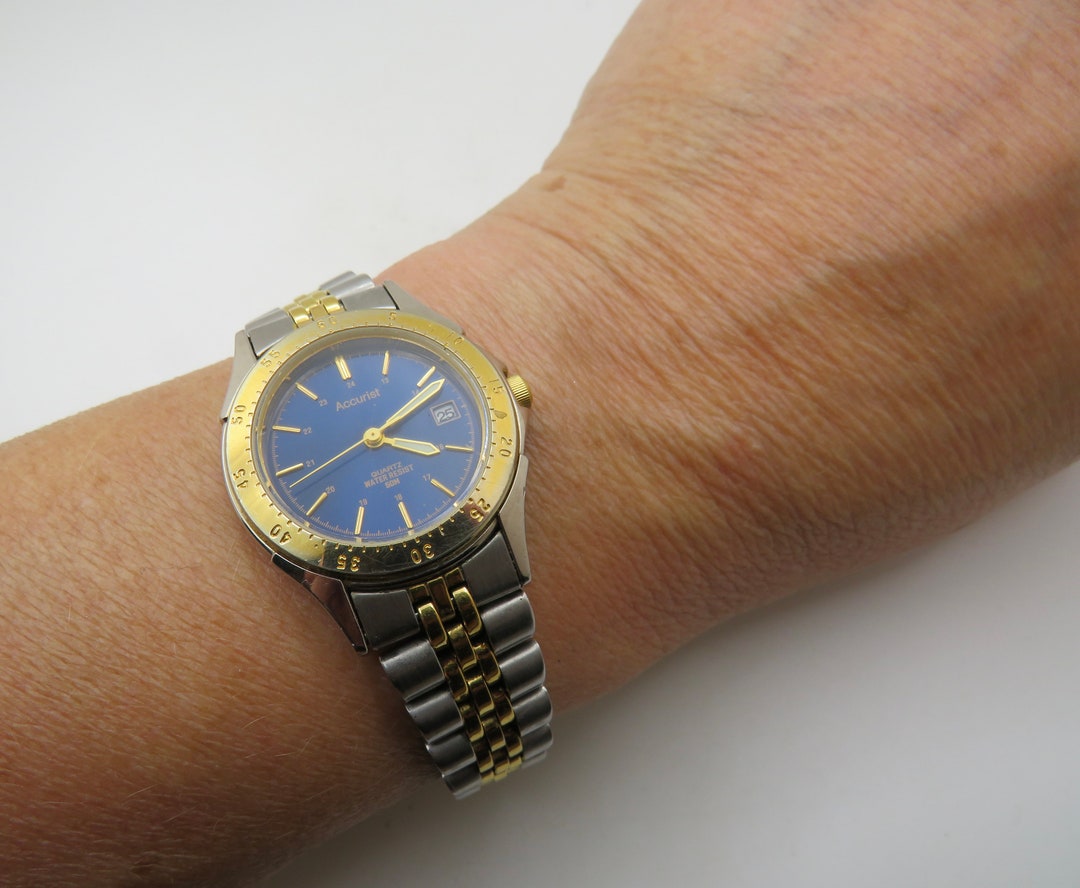 Vintage Gold Two Tone Watch /blue Dial Sports Watch / Accurist Watch ...