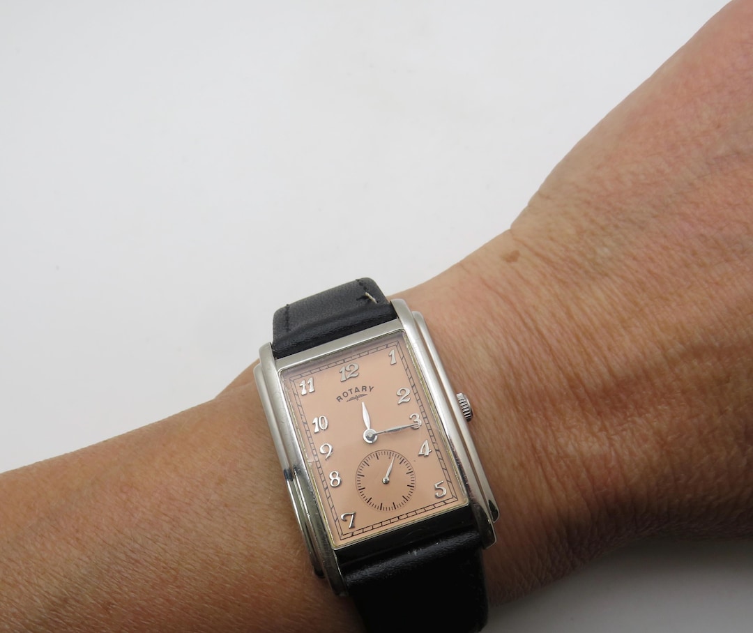 Vintage Rectangle Watch / Rotary Tank Watch / Salmon Pink Dial / Quartz ...