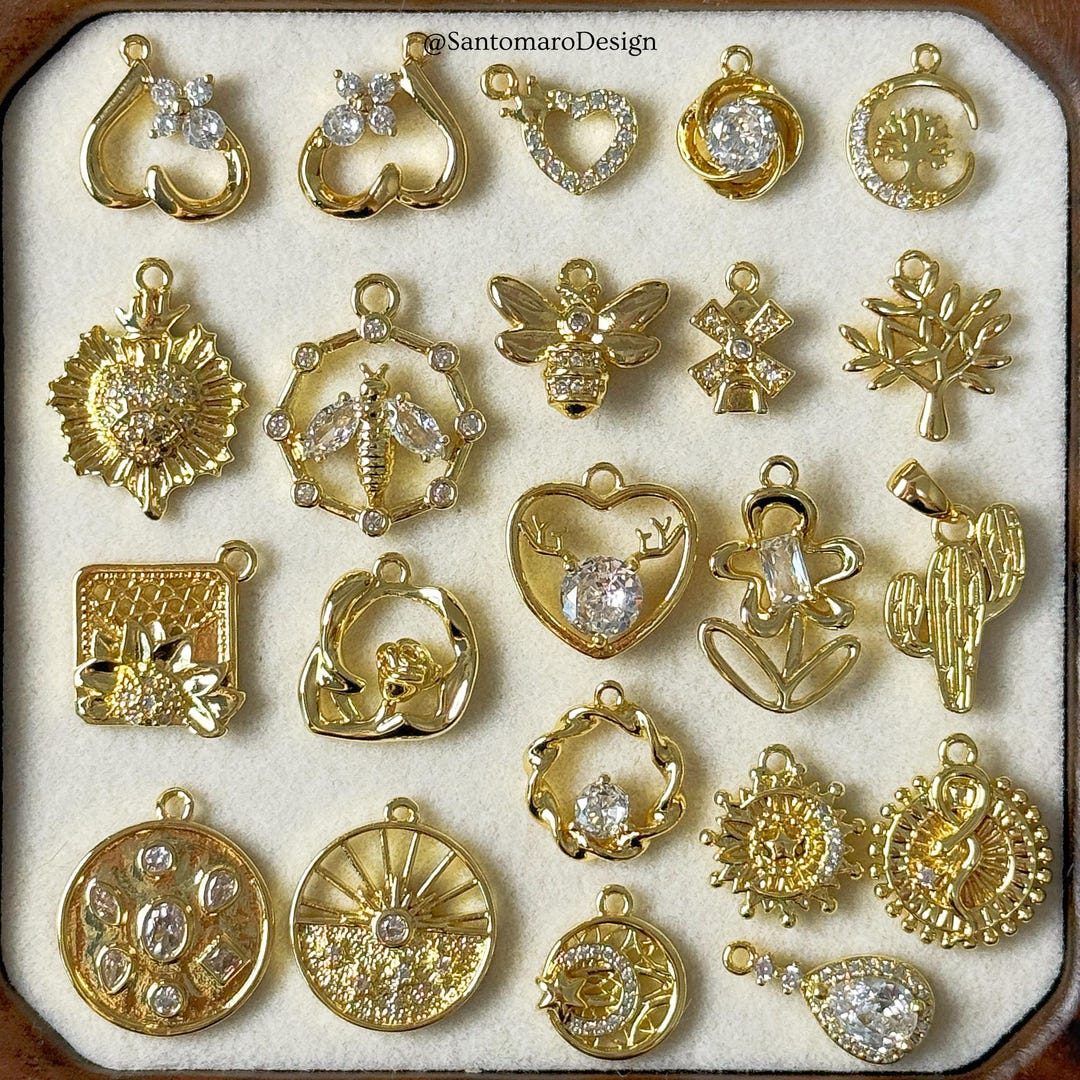 18K Gold Sun Moon Heart Bee Flower Charms | Gold-plated Copper Pendants ...