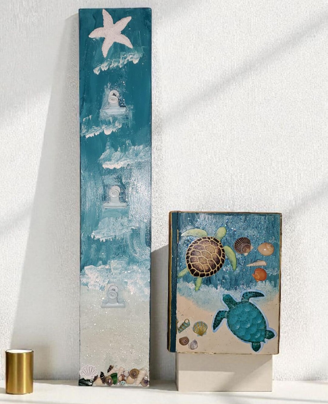 SET Shabby Beach Cottage Distressed Teal Blue Sea Ocean Life Seashells ...