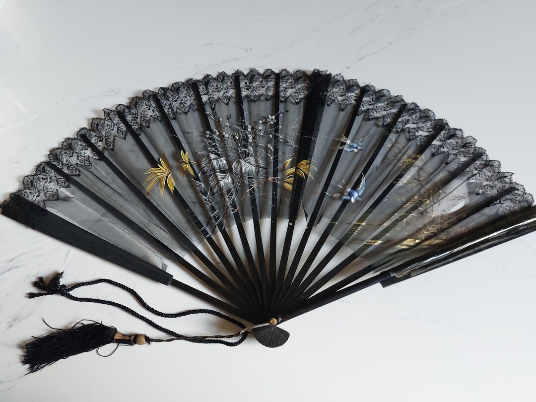 Original Antique Black Lace Victorian Hand Painted Fan Circa 19th ...
