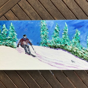 Just Ski, Abstract Oil Painting on Canvas, Original Art 12x24", Skier ...