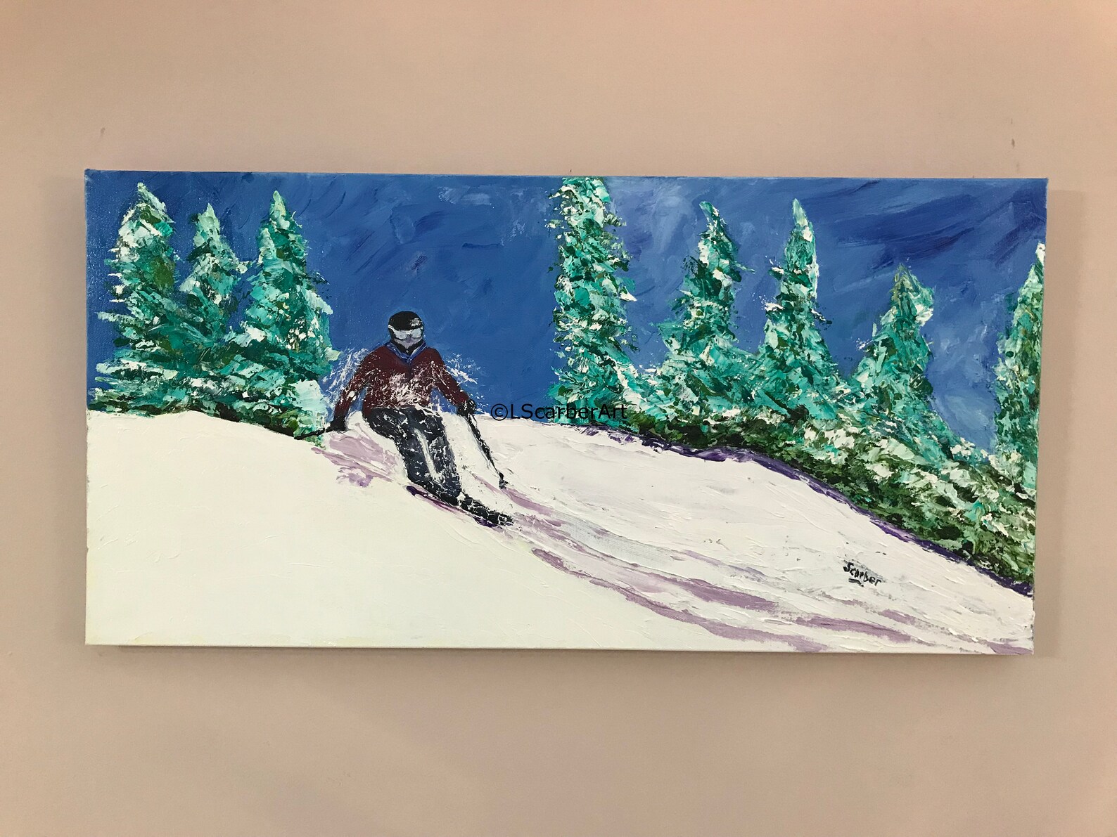 Just Ski, Abstract Oil Painting on Canvas, Original Art 12x24", Skier ...