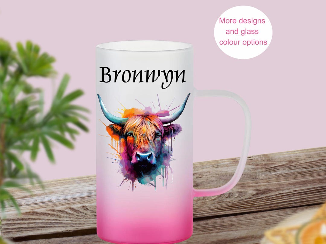 Highland Cow Beer Glass Personalised, Pink Water Glass Highland Cow ...