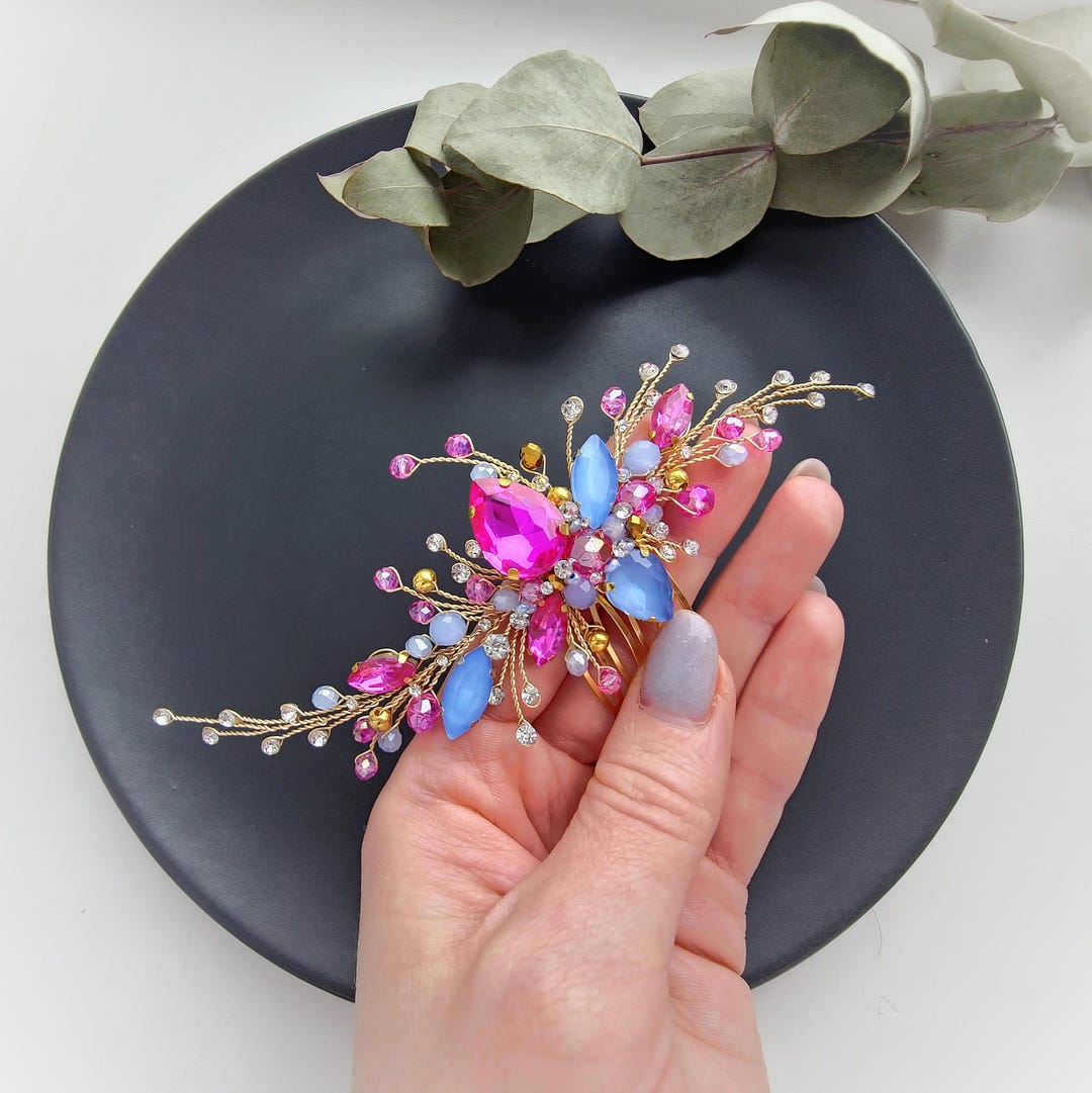 Fuchsia Pink Blue Crystal Hair Comb, Hot Pink Fuchsia Bridal Hair ...