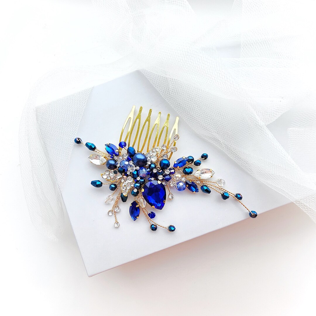 Blue Hair Comb Blue and Gold Hair Piece Something Blue Hair Accessories ...