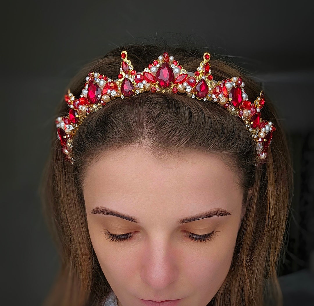 Goldred Pearls Crown Birthday Crown Red Tiara for Women Ruby Crown Gold ...