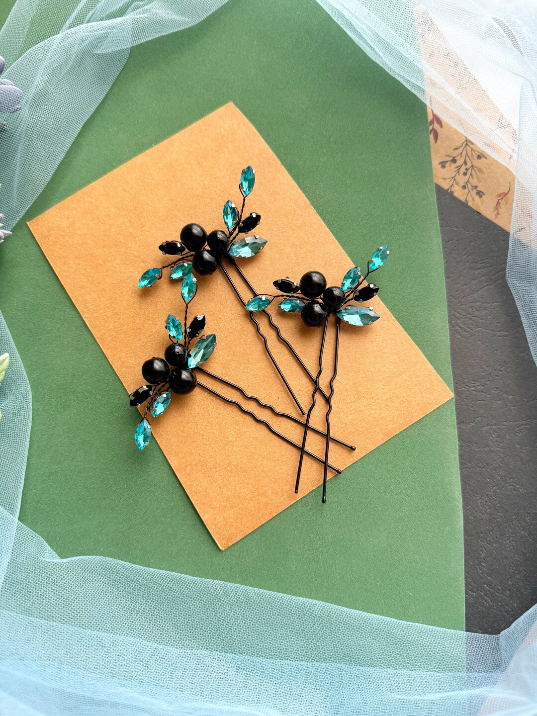 Aquamarine Black Hair Pin Turquoise Hair Piece Teal Hair Piece ...
