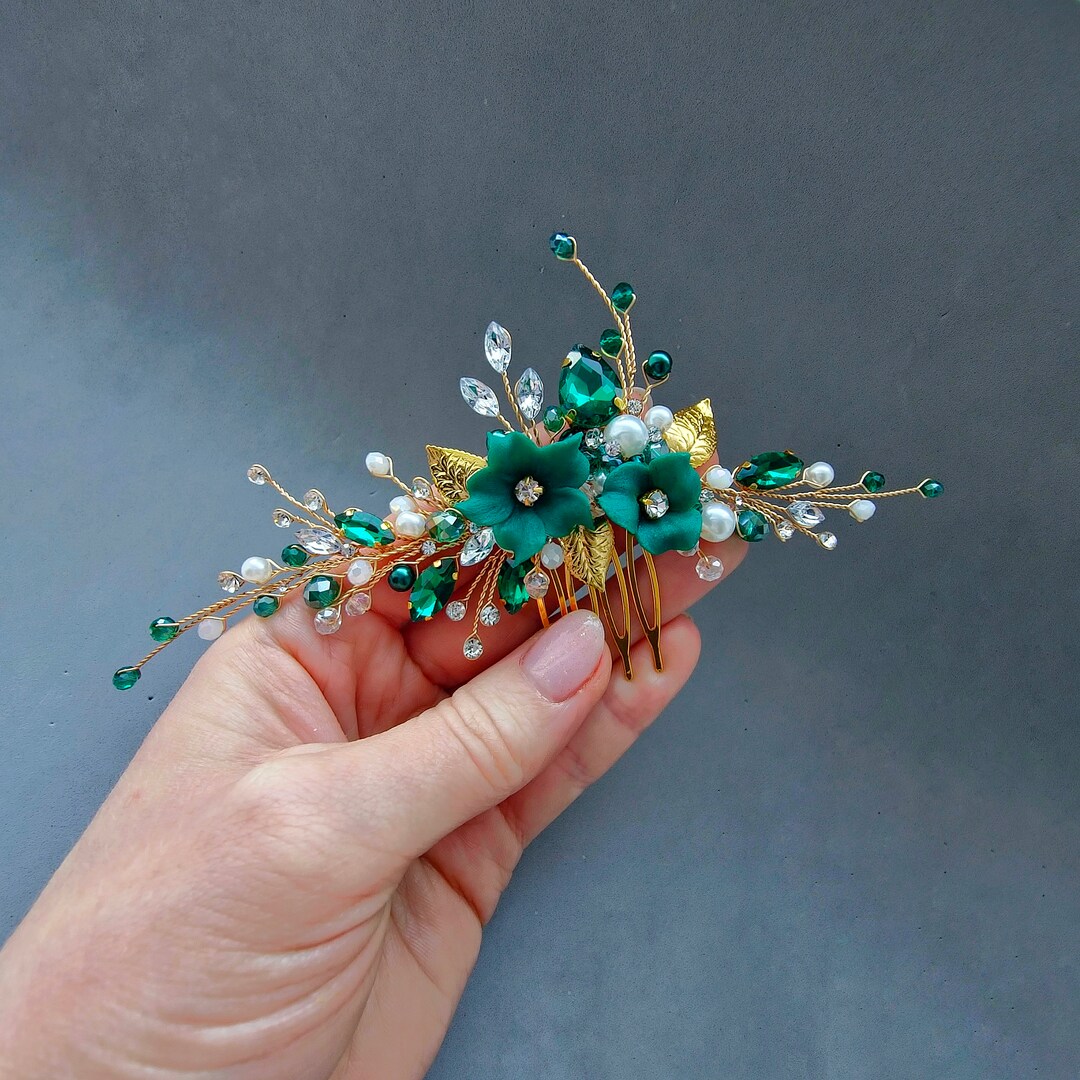 Emerald Bridal Hair Comb Green Crystal Hair Comb Green Floral Hair Comb ...