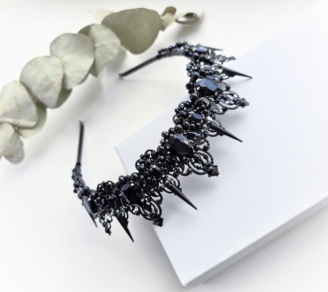 Black Crystal Crown, Black Wedding Crown, Gothic Wedding Crown, Spike ...