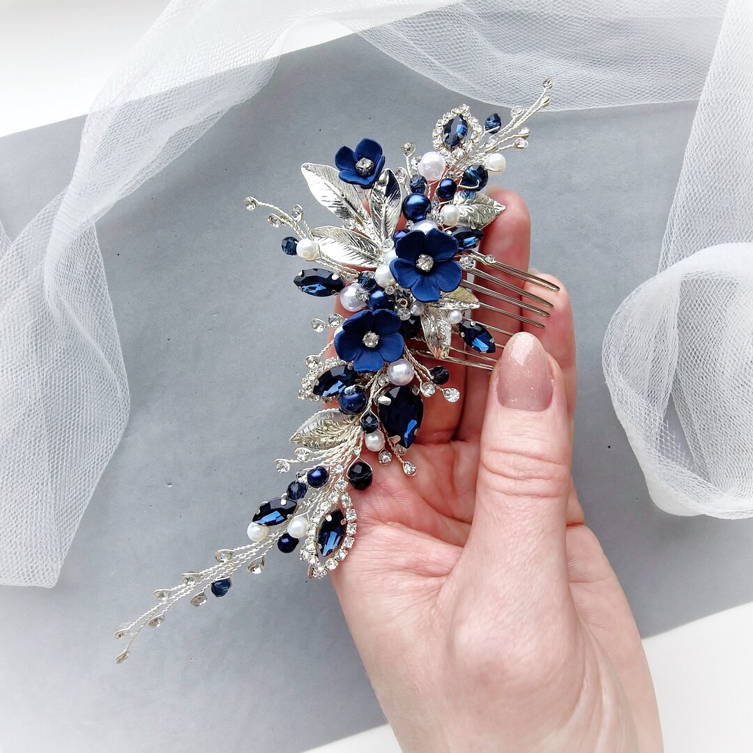 Navy Blue Flowers Bridal Comb. Dark Blue Wedding Hair Comb. Navy Blue ...