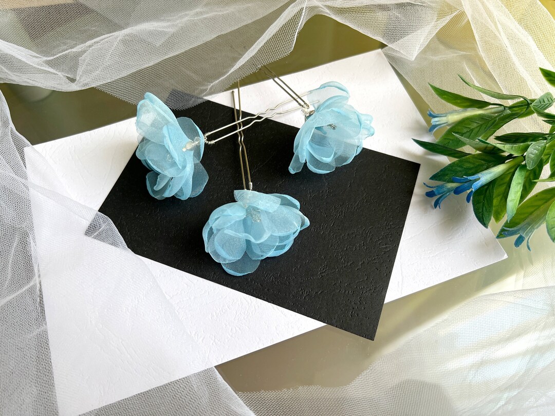 Set of 3 Blue Flower Bridal Hair Pins. Silk Blue Floral Wedding Hair ...