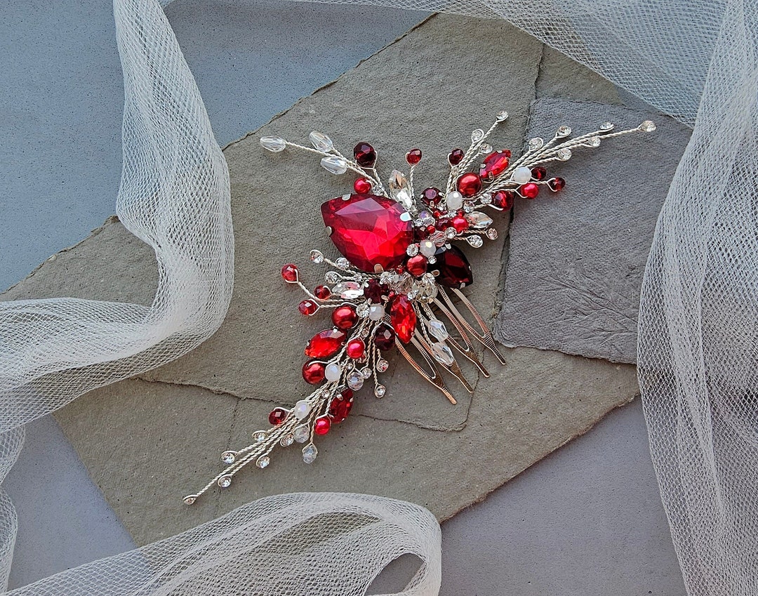 Red Crystal Bridal Hair Comb Gold Hair Comb Wedding Headpiece Red ...