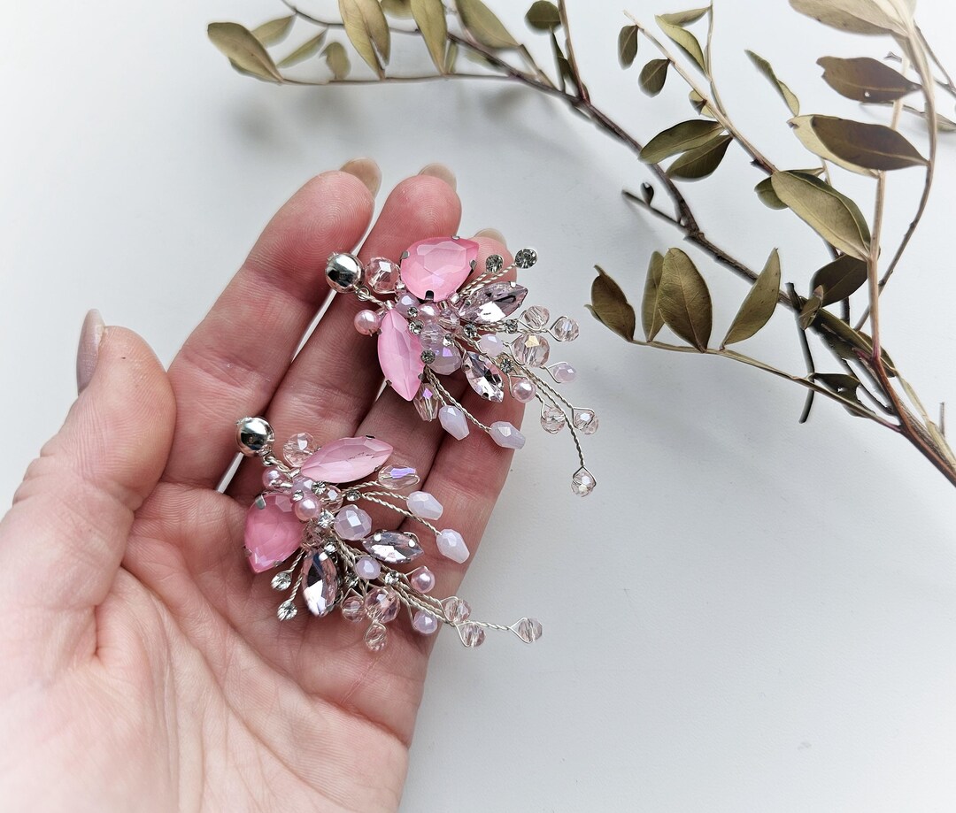 Pink Crystal Stud Earrings Earrings, Pink Dangle Earrings, Pink Prom ...