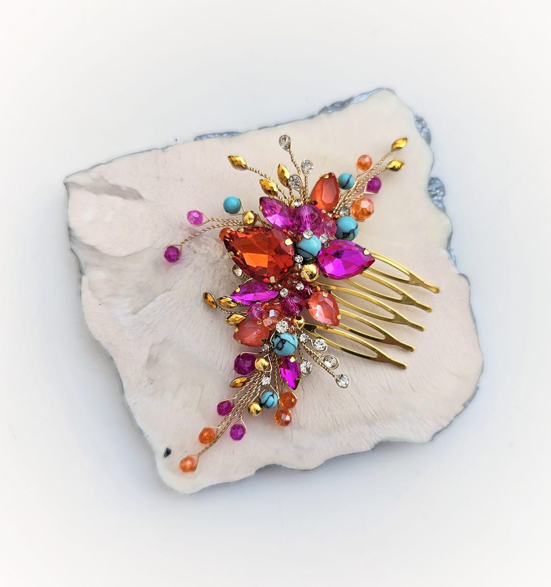Fuchsia Orange Turquoise Hair Comb, Hot Pink Orange Bridal Hair ...